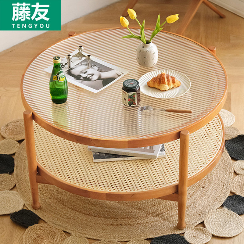 Solid Wood Round Side Table Glass Simple Balcony Small Tea Table Coffee ...