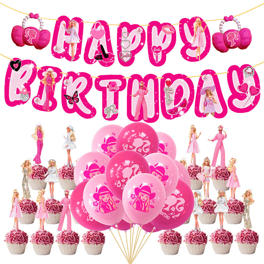 Pink Barbie Themed Party Decoration Sets Banners Cake Flags Toppers ...