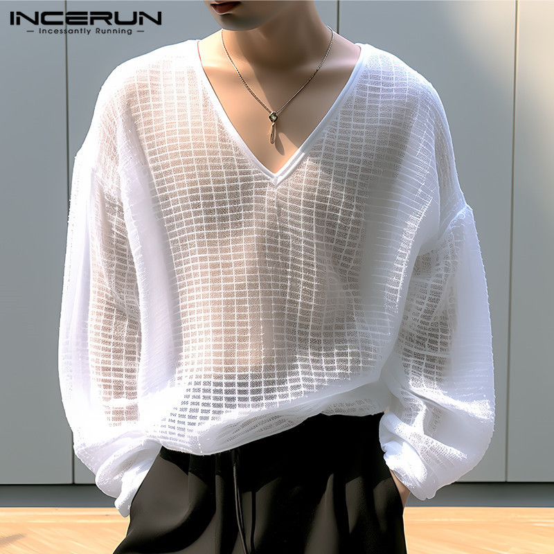 INCERUN Men Korean Chevron Sheer V-Neck Off Shoulder Long Sleeve T ...