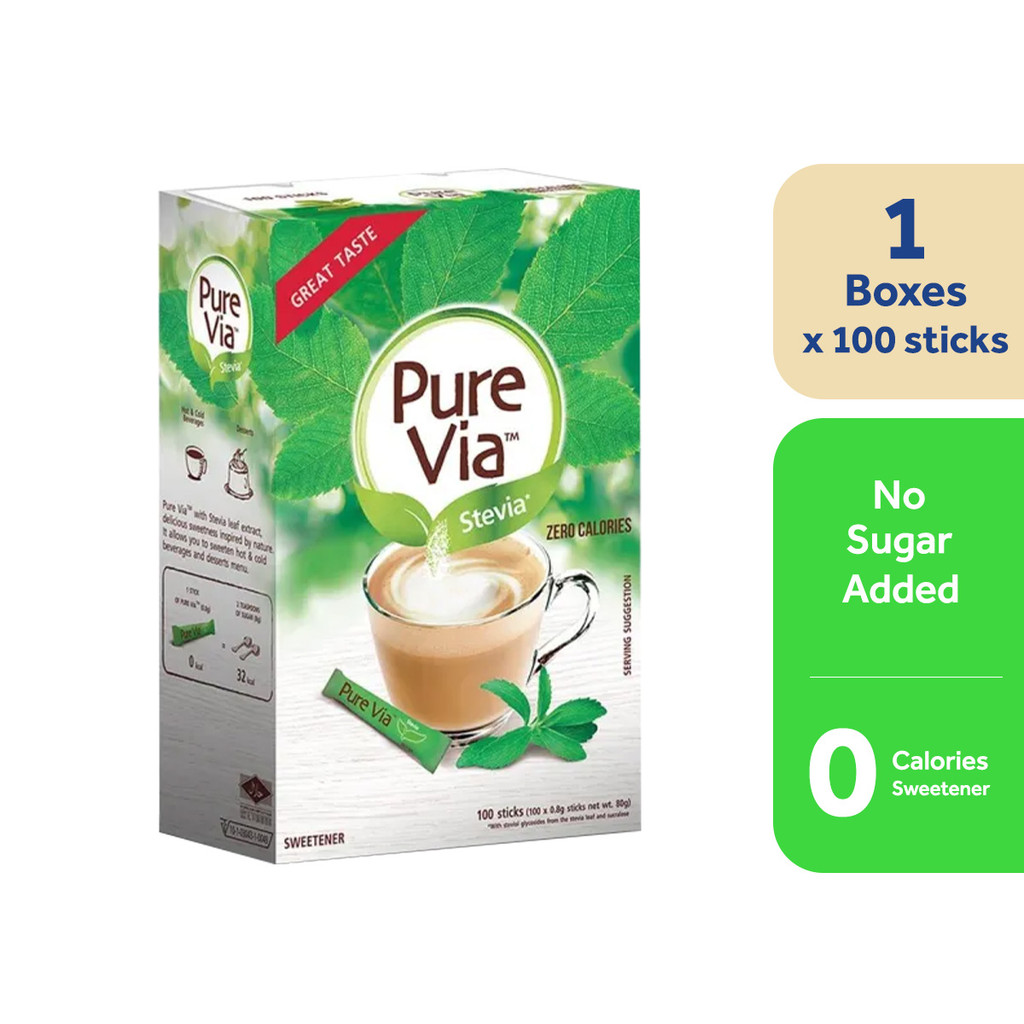 Pure Via Stevia Zero Calorie Sweetener 100 Sticks - 1 Box (Stevia ...