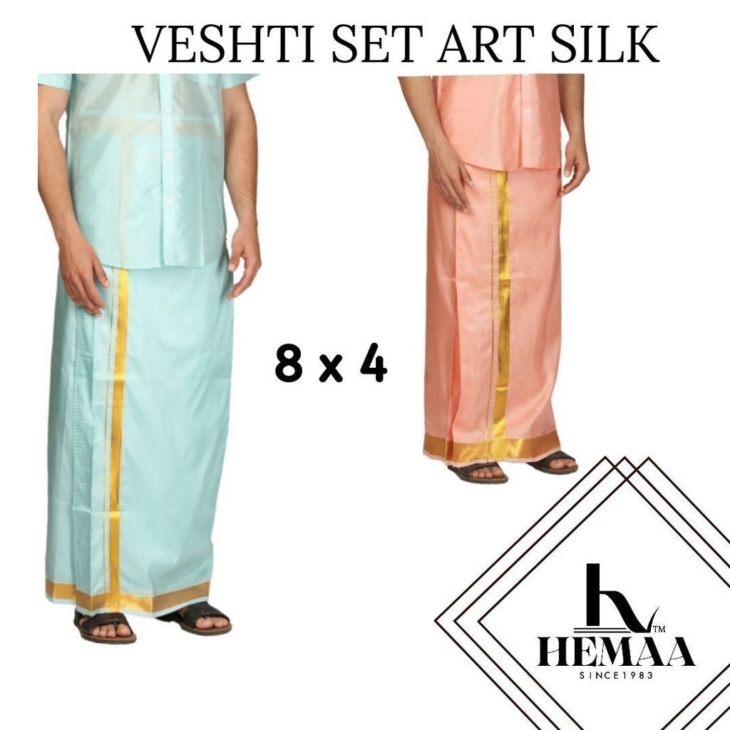 Veshti 8x4 Art Silk | Kanchipuram inspired mapillai men vesti ...