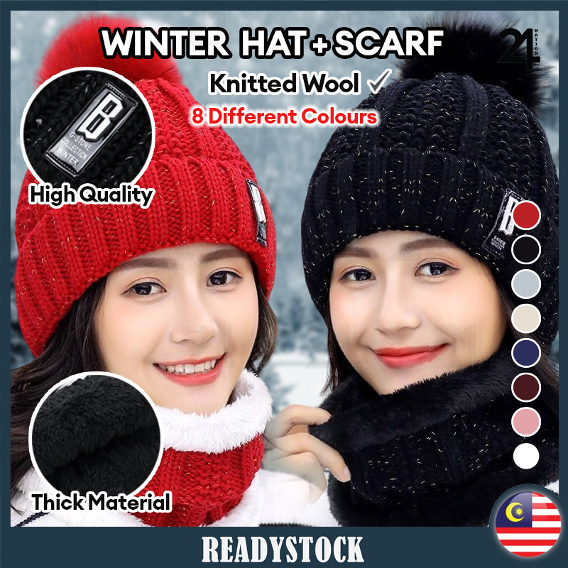 Winter Thick Knitted Wool Beanie and scarf Warm Hairball Baggy Winter ...