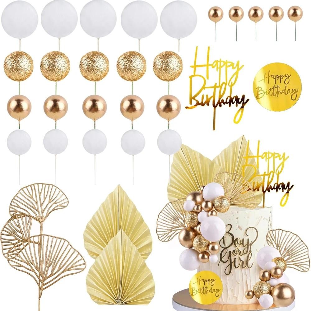White Gold Balls Cake Toppers with Gold Palm Leaves Boho Birthday Cake ...