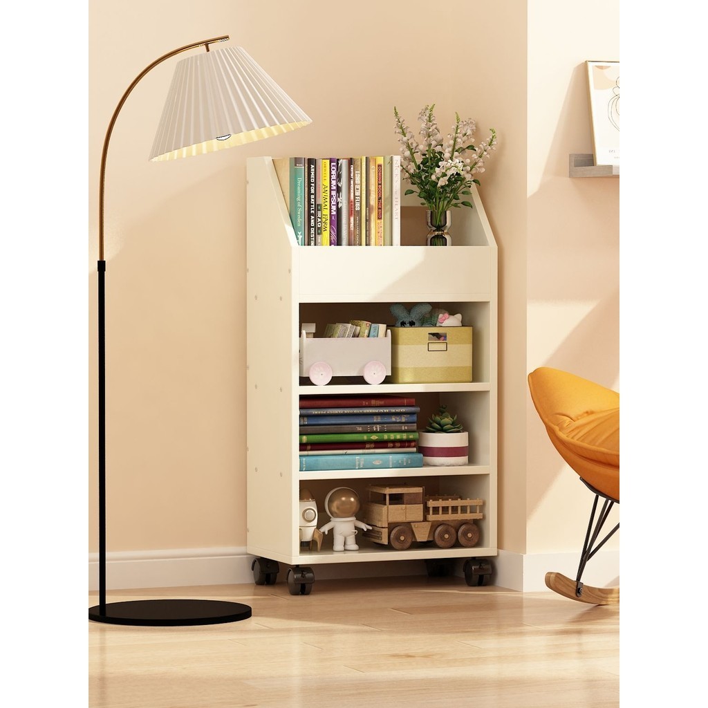 Bookshelf Floor Storage Rack Movable Wooden Bookcase with Wheels under ...