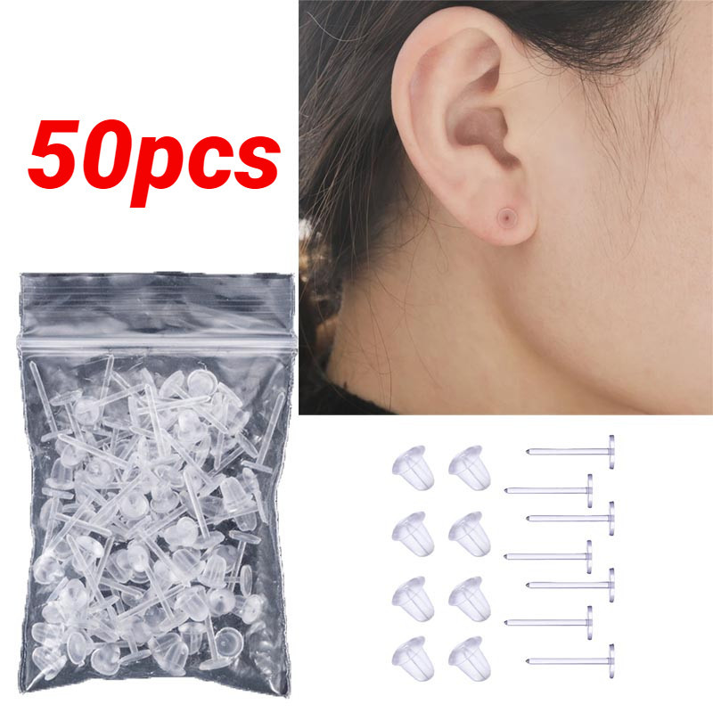 50pcs Plastic Ear Stud Invisible Stud Earrings Transparent Ear Hole ...