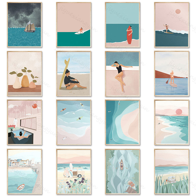 Seascape Beach Surfboard Lifebuoy Surf Girl Wall Art Canvas Painting ...