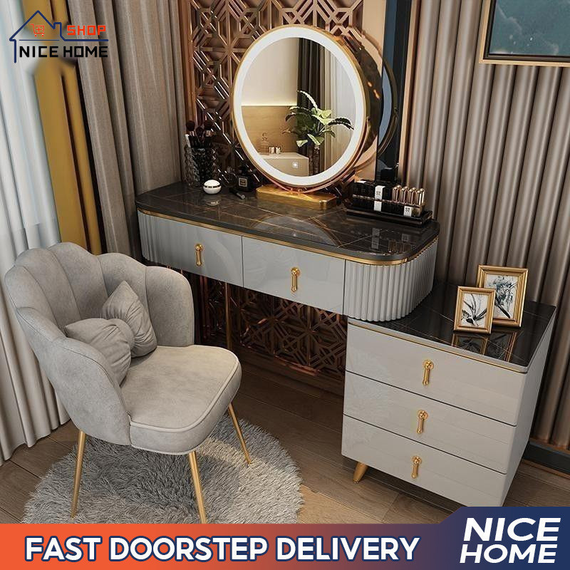 Dressing Table Vanity With LED Mirror Drawer Modern Simple Solid Wood ...