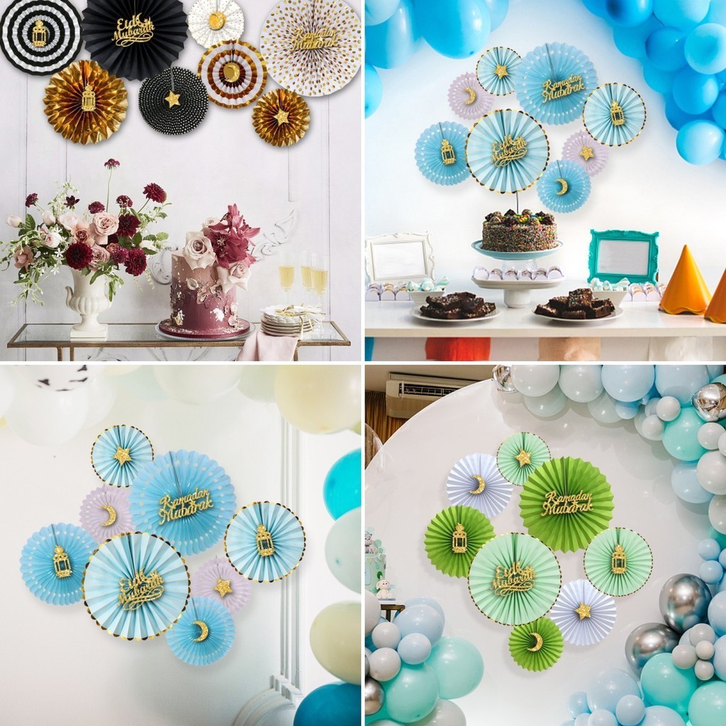 8pcs 2024 Hari Raya Indoor Decoration Eid Paper Fan Flower Set Backdrop ...