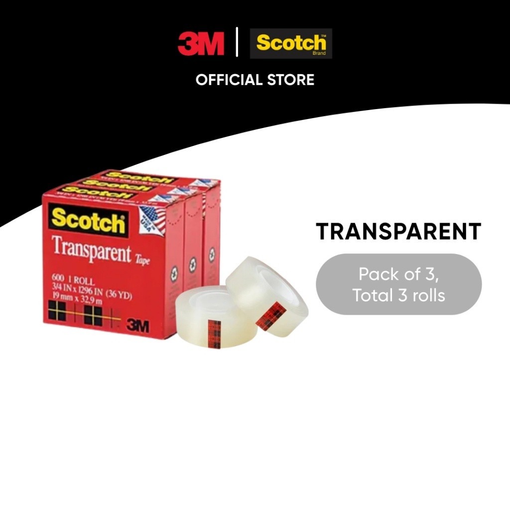 3M™ Scotch® Transparent Tape 600, Value Pack, 3 pack, 19 mm x 32.9 m ...