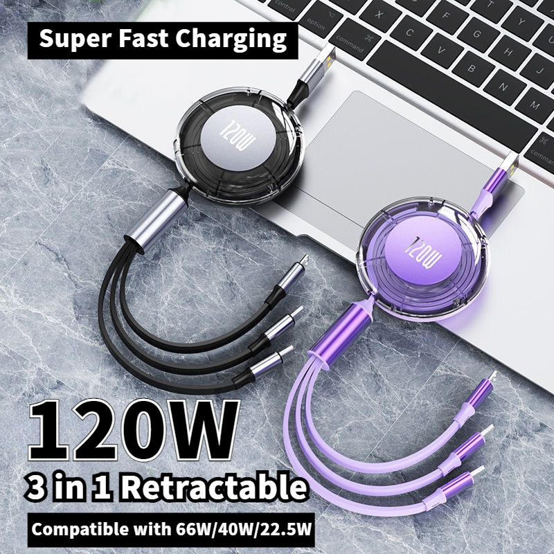 120W 3 in 1 Retractable Fast Charging Cable Micro USB Type C 6A 3in1 ...