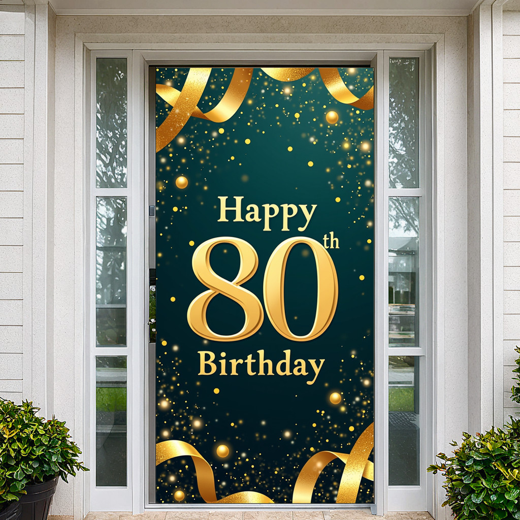 80th Birthday Backdrop Celebration Banner Elegant Gold Ribbon ...