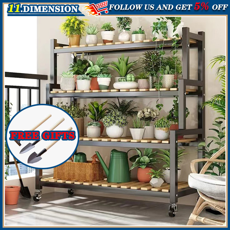1/2/3/4Tier Movable Metal Plant Rack Flower Shelf With Wheels Outdoor ...