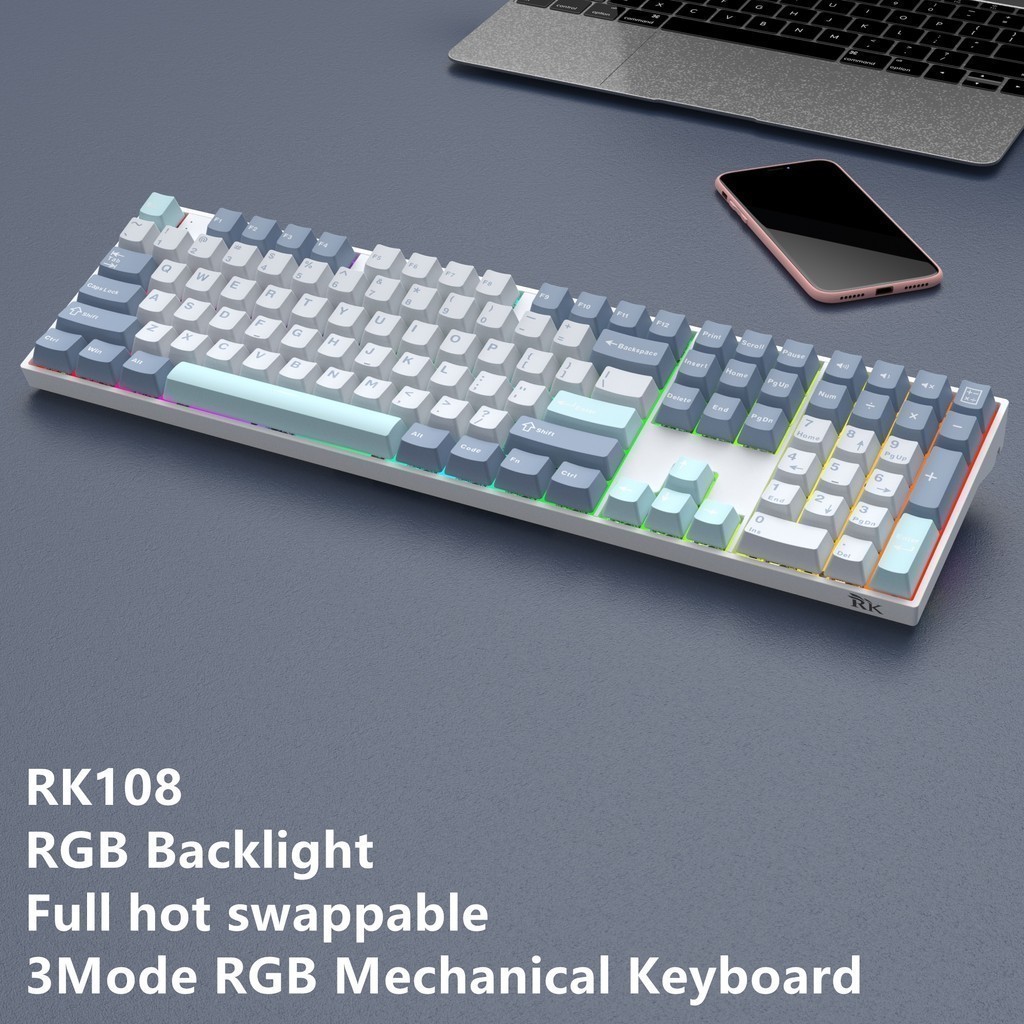 Royal Kludge RK108 Keyboard Mechanical 100% Layout RGB Bluetooth 3-mode ...