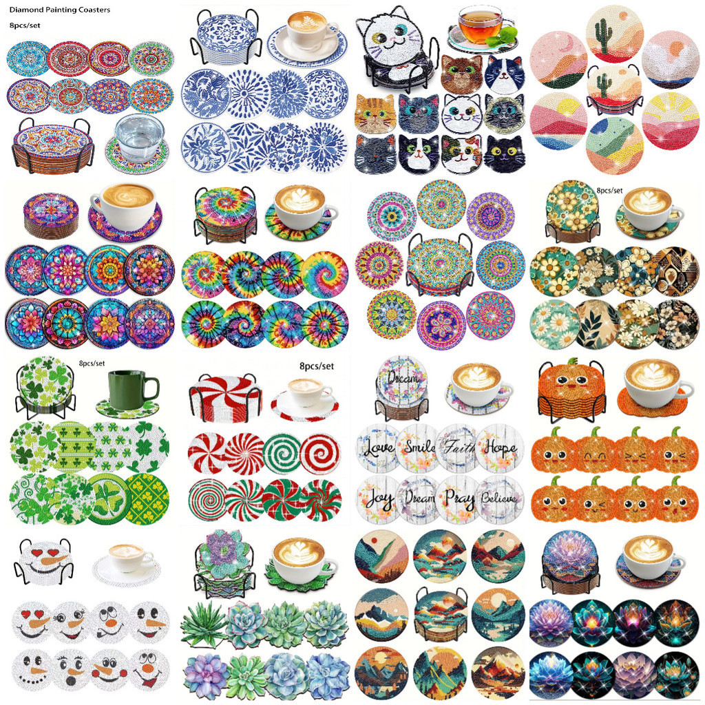 8 Piece Set DIY Diamond Painting Coaster with Cup Holder Mandala ...