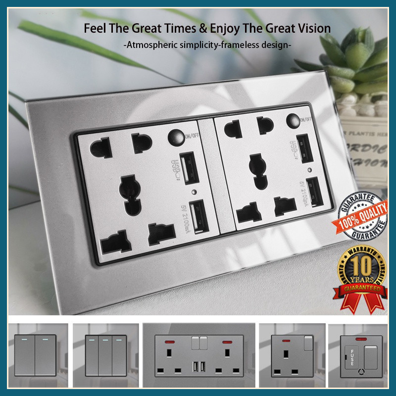 (Tempered Glass) 1/2/3/4gang 1 2 3way Light Switch (LED Indicator)/13A Wall Power USB+C Socket/3 ...