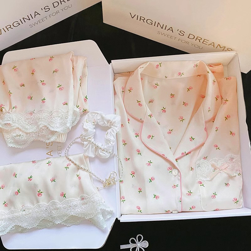 3 in 1 Set Pyjamas Women Lace Cherry Print Summer Silk Ice Silk Women's ...