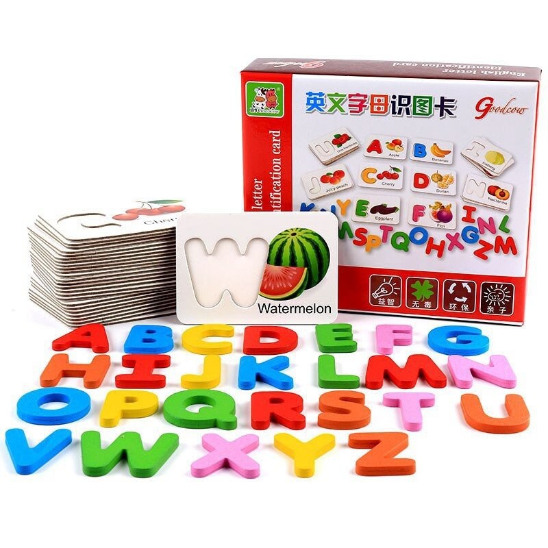 Kids 26 English Letters ABC Word Cognitive Cards Alphabet Toy Wooden ...