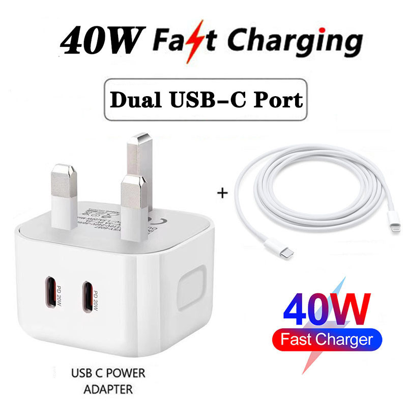 2Port USB C 40W Power Adapter PD 3.0 Fast Charging UK Plug Wall Charger ...