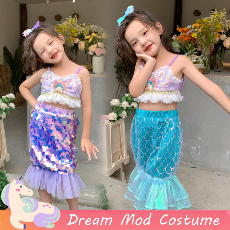Mermaid Costume Purple Blue Skirt Mesh Slip Top Set For Kids Girl ...