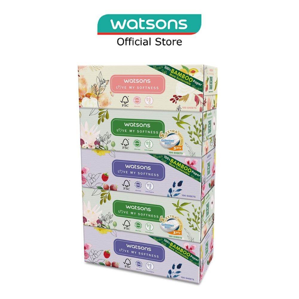 WATSONS 100% Bamboo Paper Cushiony Soft Box Tissue Sheet 3-Ply 100s x 5 ...