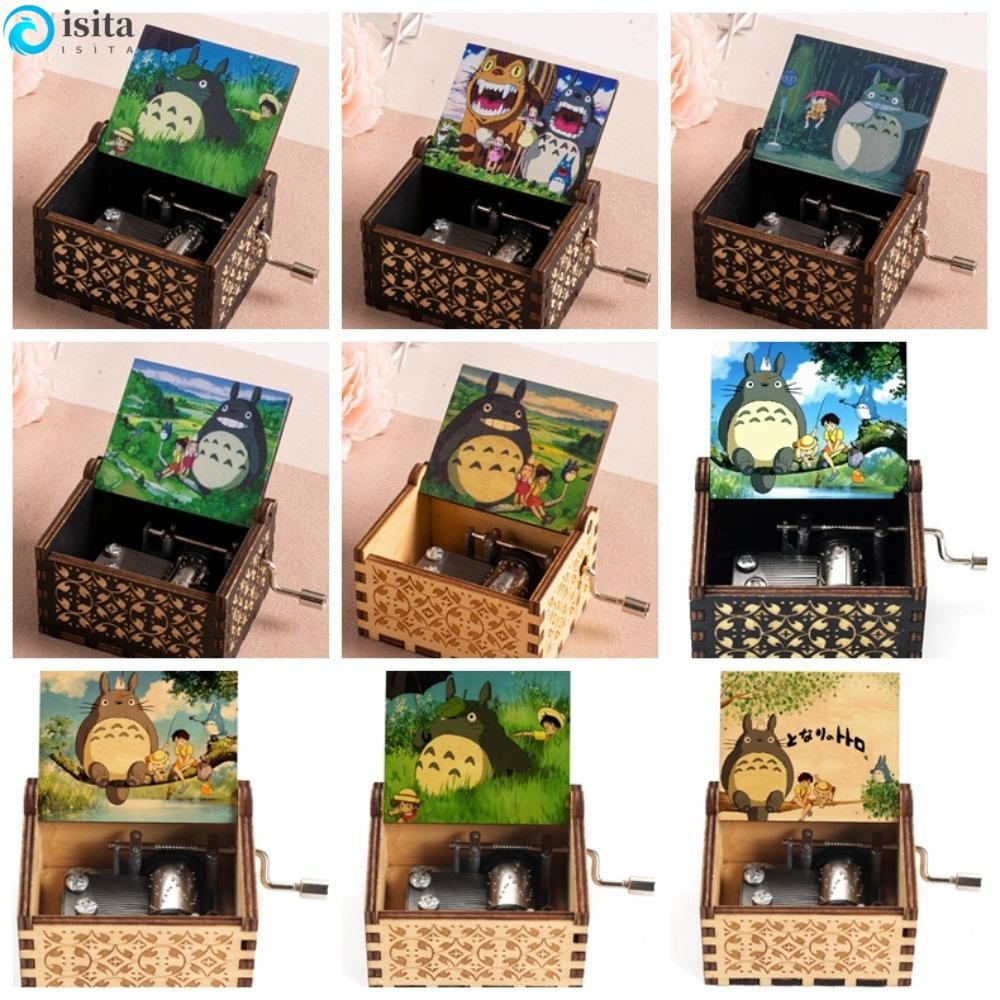 ISITA Totoro Wooden Hand Crank Music Box, Engraving Pattern Colorful ...