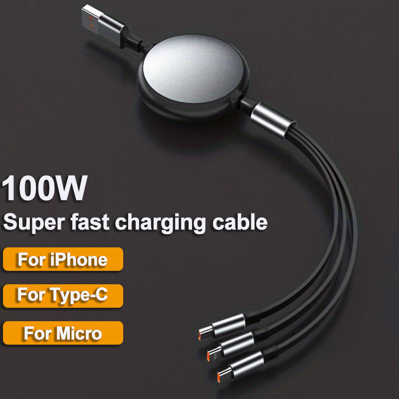 3 in 1 Retractable 100W Fast Charge Data Cable For iP 14 USB Type C ...