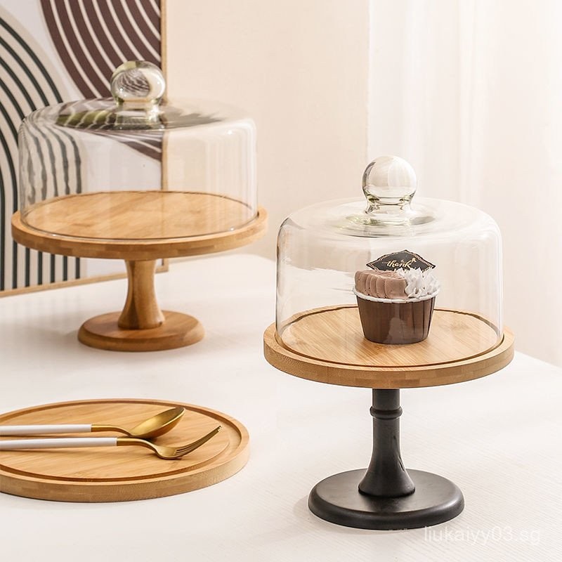 High Cake Stand Display Rack Wooden Fruit Bread Tasting Plate with Lid ...