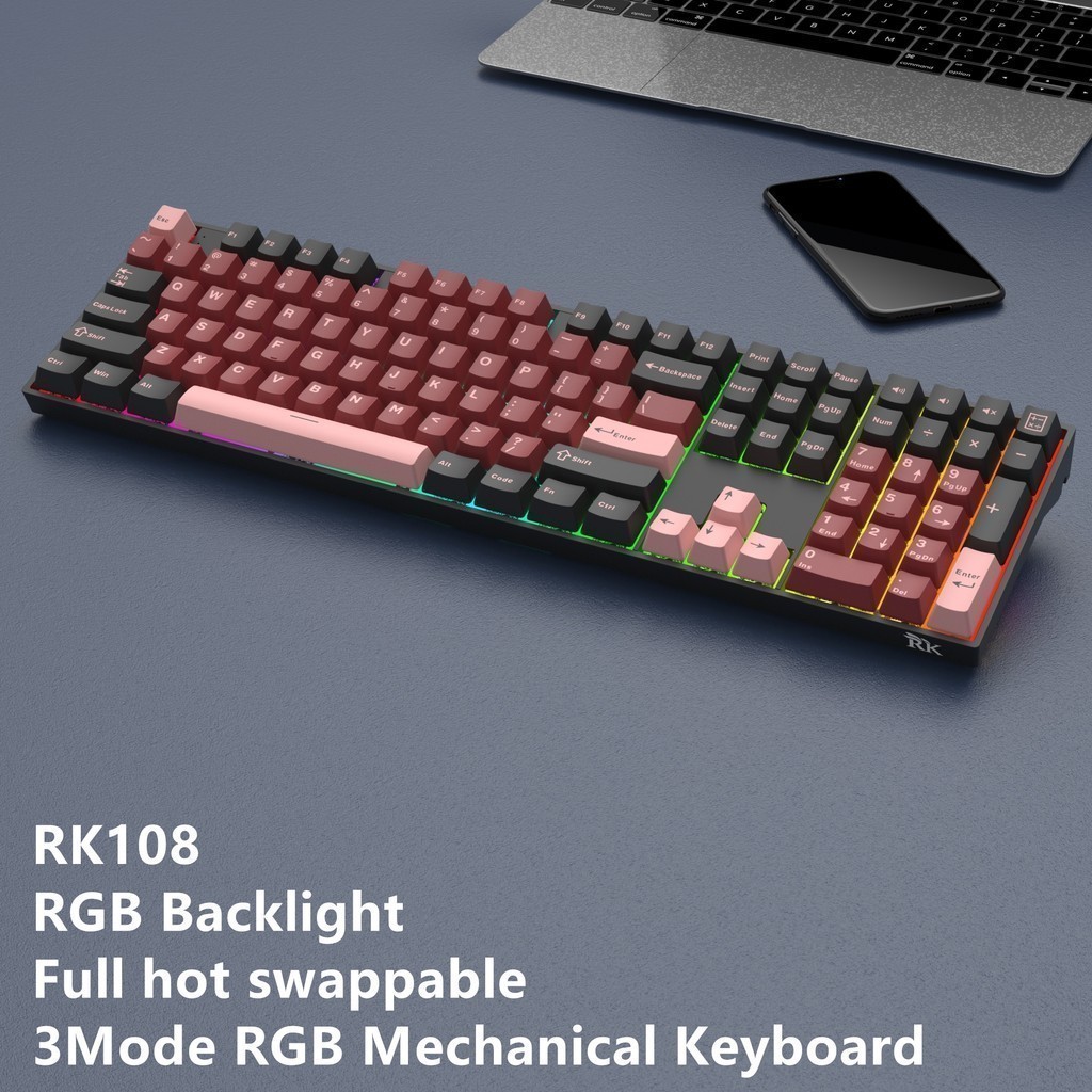 Royal Kludge RK108 Keyboard Mechanical 100% Layout RGB Bluetooth 3-mode ...