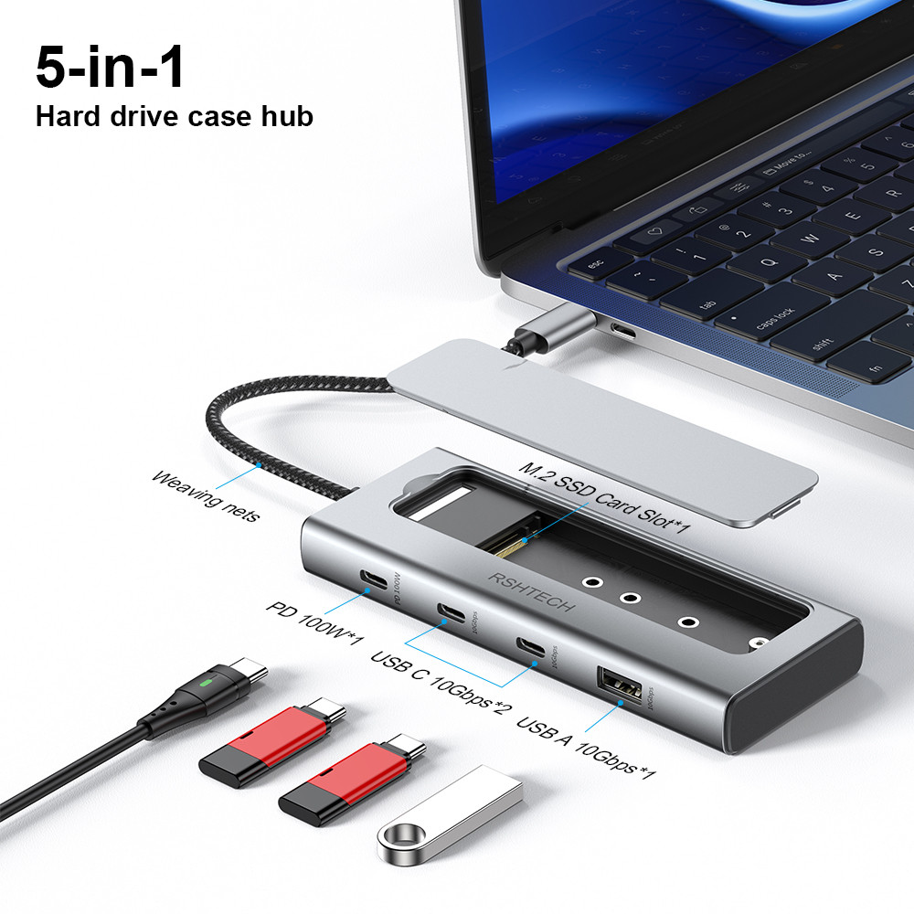 RSHTECH USB C Hub for M.2 NGFF&NVMe SSD with 2230/2242/2260/2280 Enclosure PD100W USB 3.2 Gen 2 ...