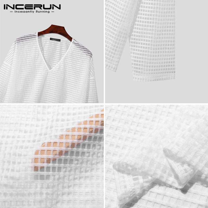 INCERUN Men Korean Chevron Sheer V-Neck Off Shoulder Long Sleeve T ...