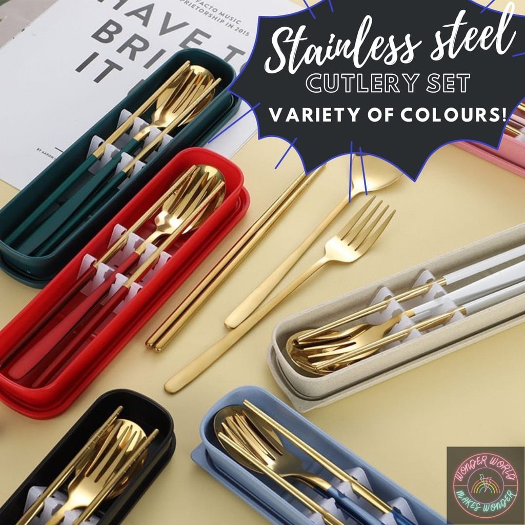 🌈SG Stock🌈 Portable Cutlery Set Stainless Steel 3 piece Utensil holder ...