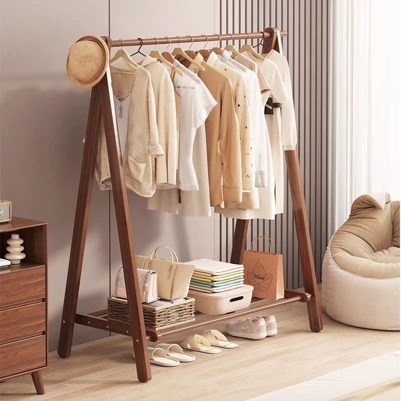 Solid Wood Hanging Clothes Rack Floor Bedroom Coat Rack Folding Drying ...