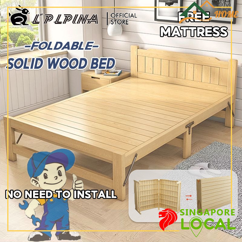HK Free Mattress Solid Wooden Foldable Bed Single Bed Frame 1.2m ...