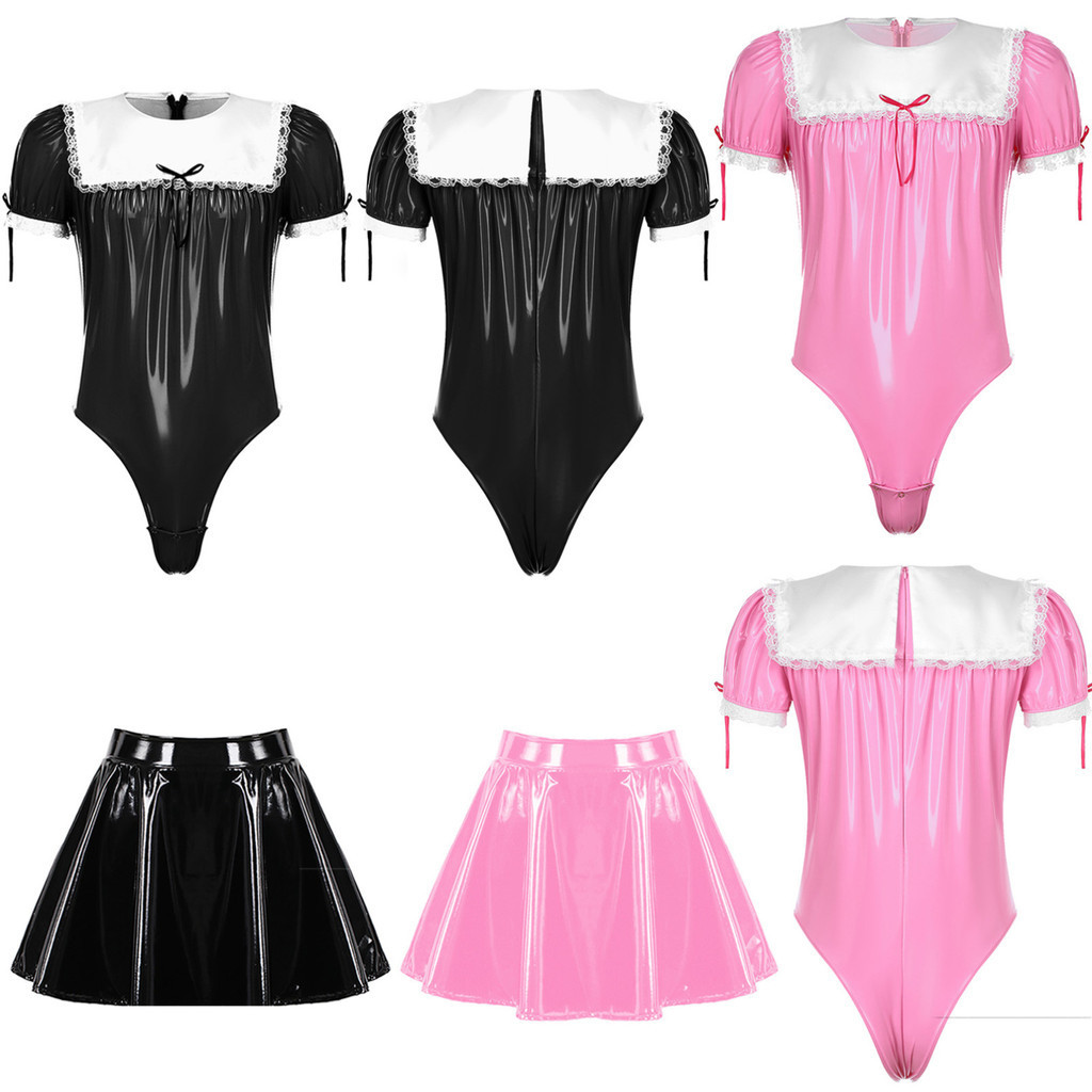 Inhzoy Mens Sissy Crossdresser Maid Cosplay Costume Set Patent Leather