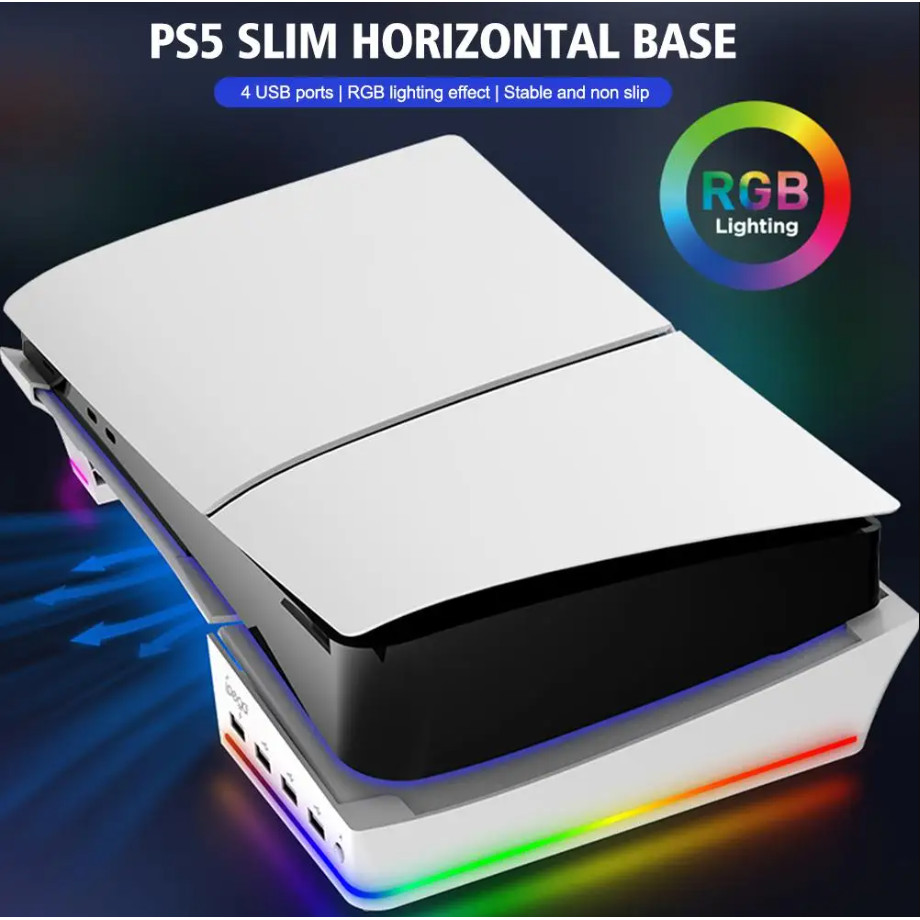 For PS5 Pro / Slim RGB Horizontal Stand with 4 USB Ports RGB Colorful ...