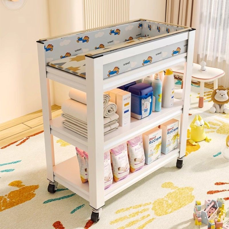 Baby Crib Diaper Table Steel Storage Rack with Fence Movable Nursing ...