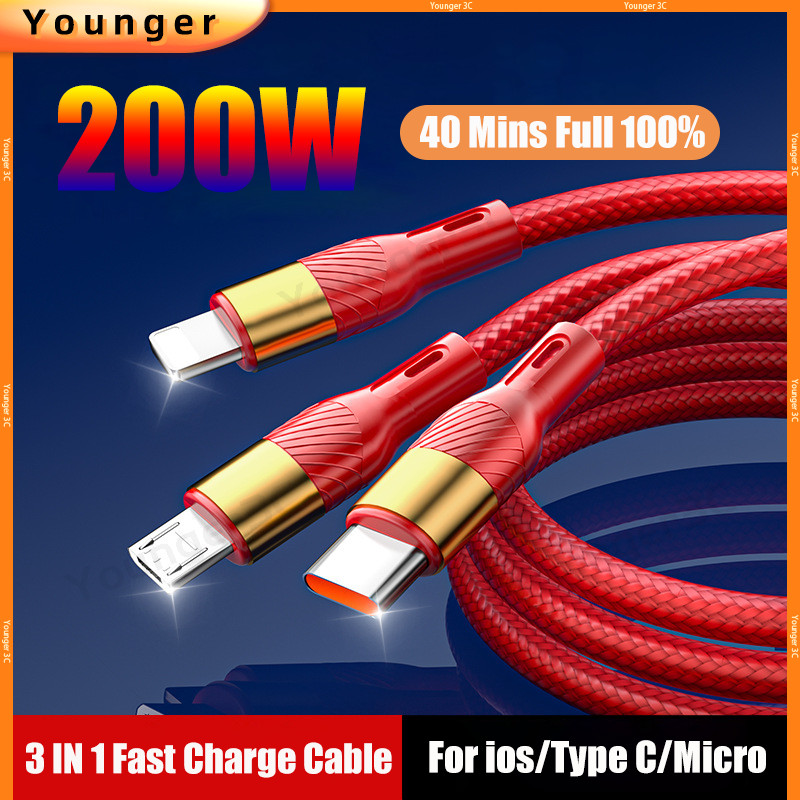 200W Super Fast Charging Cable 6A Zinc alloy Data Cable For ios Type C ...