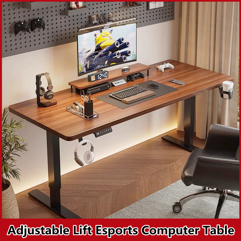 Computer table Electric Height Adjustment Computer Desk Solid Wood ...