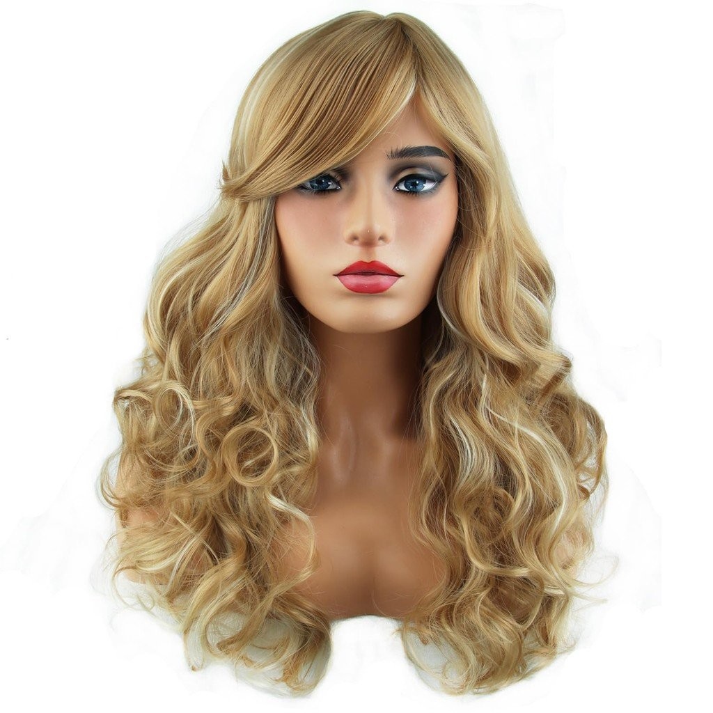 RightOn 21" Stylish Long Curly Wavy Blonde Hair Wig with Bangs Party ...