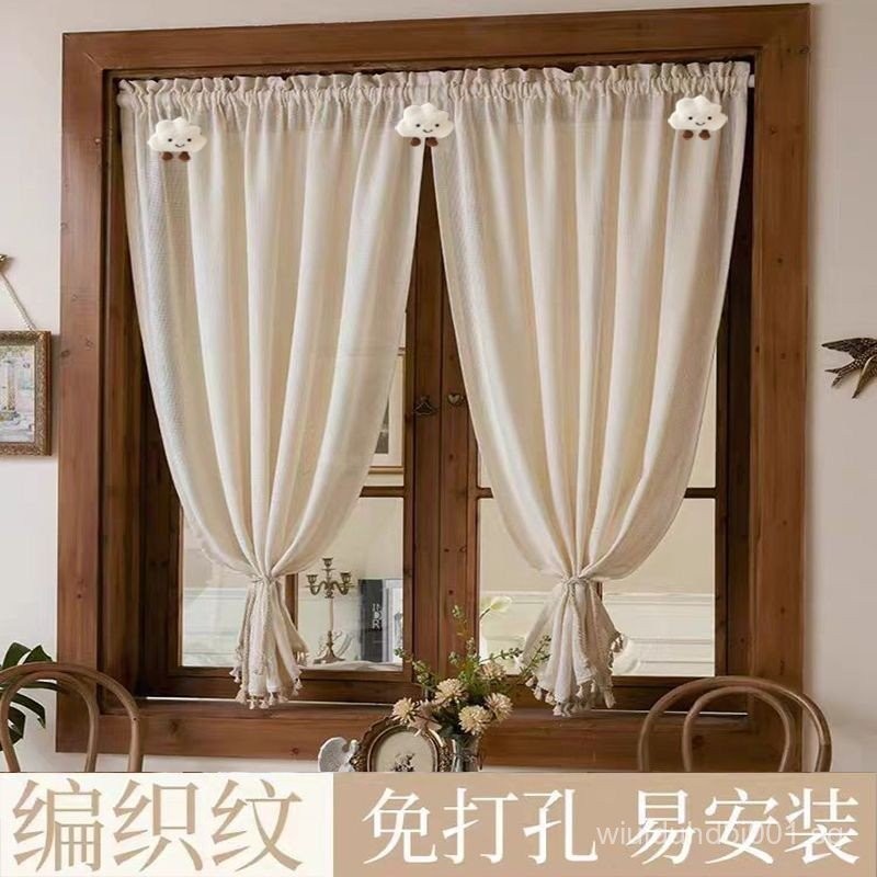 French Retro Half Curtain Kitchen Short Curtain Tassel Cotton Linen ...