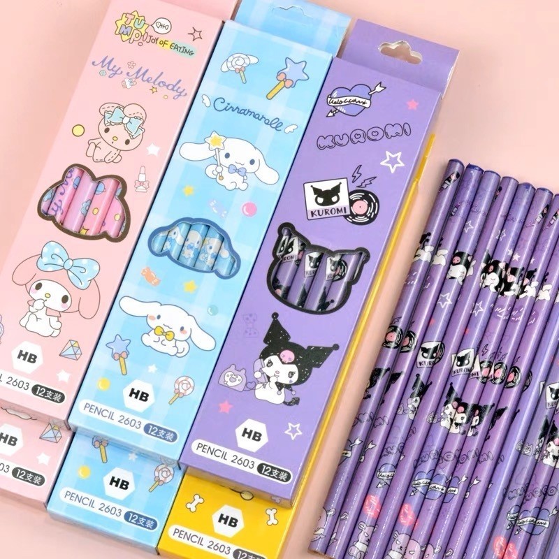 Cute 12Pcs Set Pencils Pupil Students Stationery Anime Melody Kuromi ...