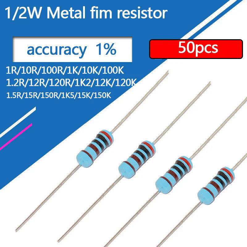 50pcs 1/2W Metal Film Resistor 1 1.2 1.5 10 12 15 100 120 150 R K Ohm ...