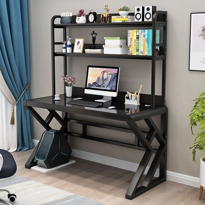 Modern Study Desk Computer Table Tempered Glass With Bookshelf Office ...