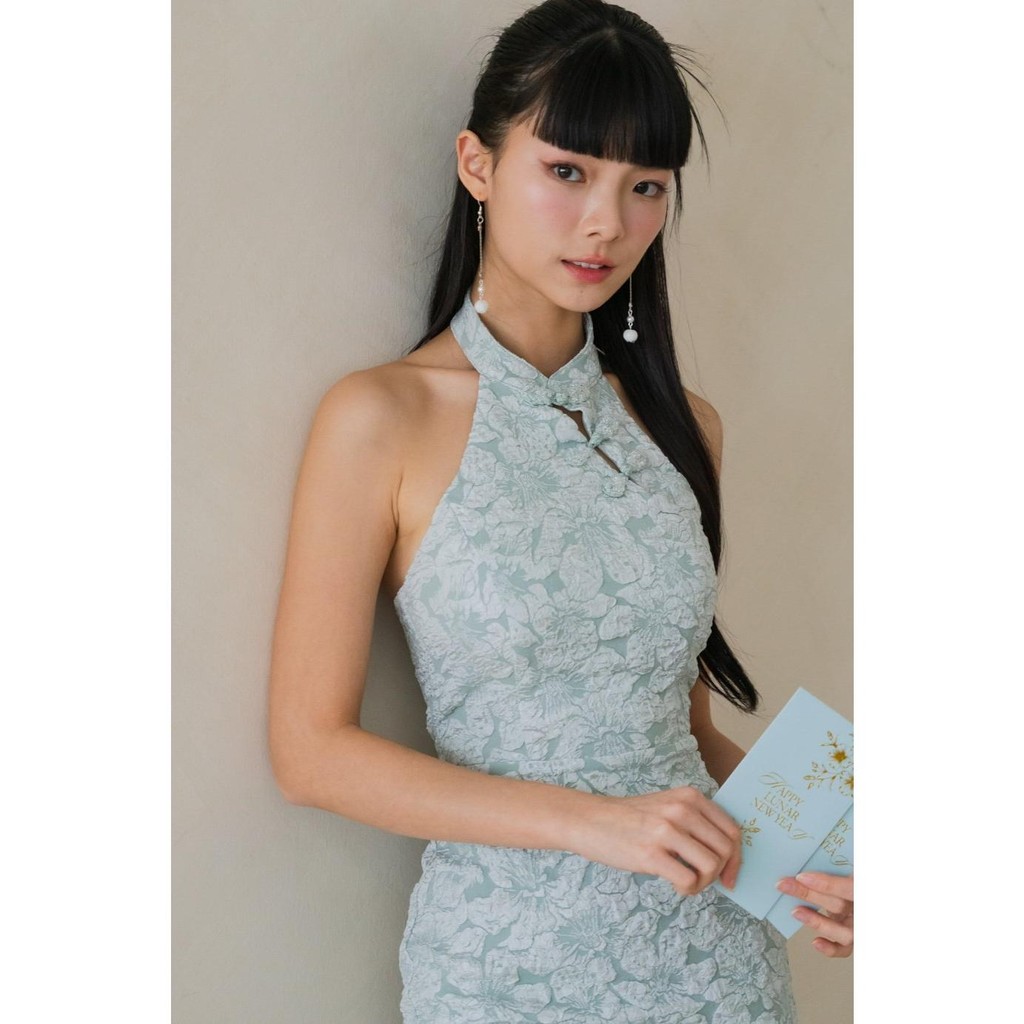 Hua Embroidered Midi Padded Dress (Mint) | Shopee Singapore