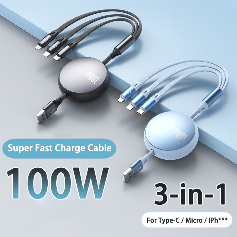 3 in 1 6A USB C Cable Retractable 100W Fast Charge Cable USB Type-C ...