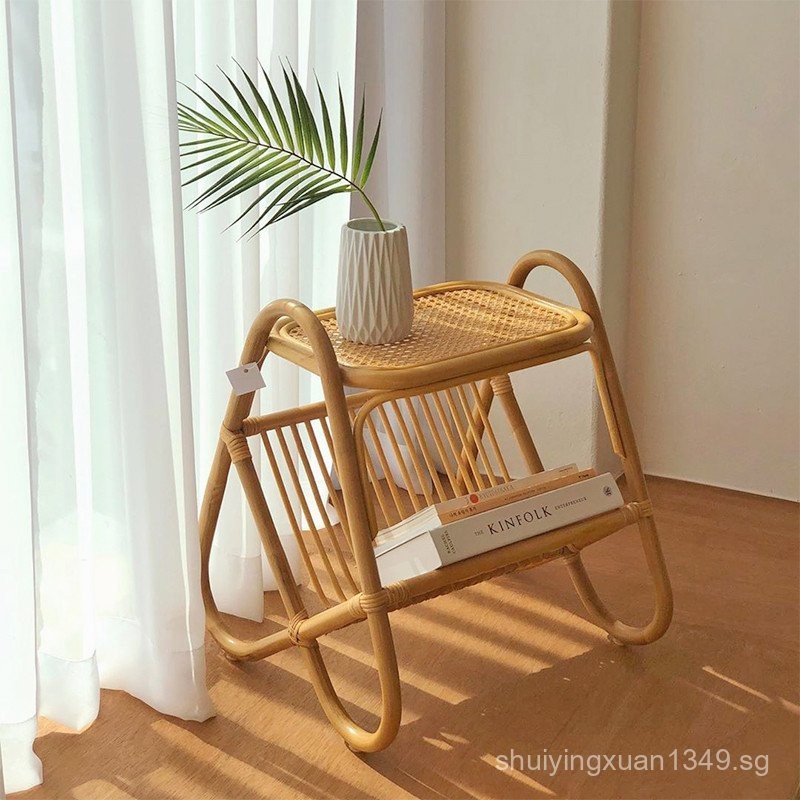 ins Rattan Woven Storage Small Coffee Table Double Layer Glass Corner ...