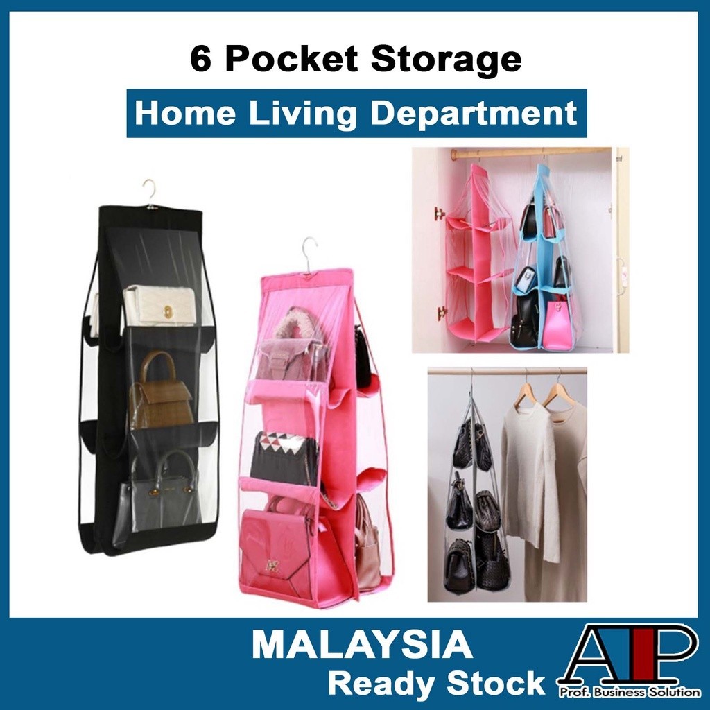 6 Pocket Folding Hanging Handbag Purse Storage Large Clear Holder Anti ...