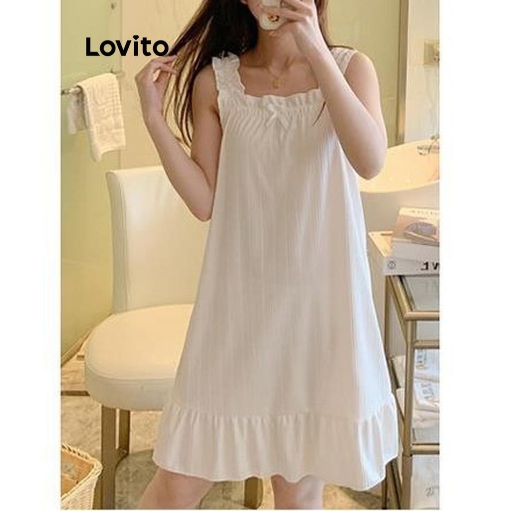 Lovito Sexy Plain Bow Ruffle Sleep Dress for Women LNE56320 | Shopee ...