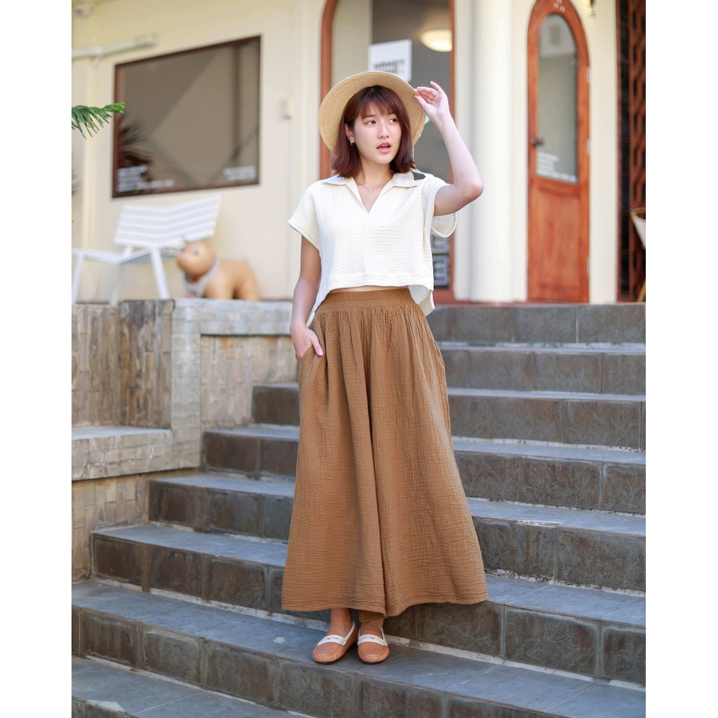 Golden Brown Flared Waist Pants (2 Layers Of Wrinkled Fabric) | Shopee ...