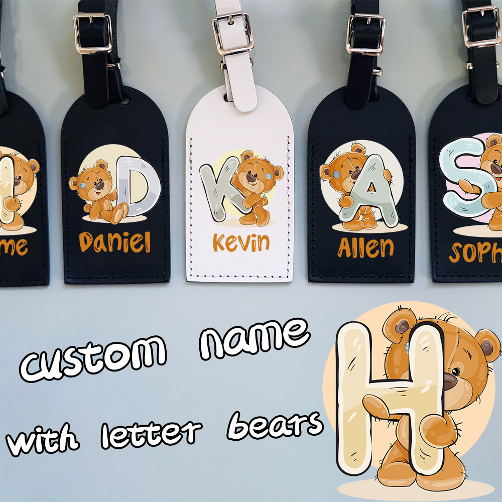 Personalised Initial with Name Cute Bears Luggage Tag PU Leather for Suitcase Baggage Handbag ...